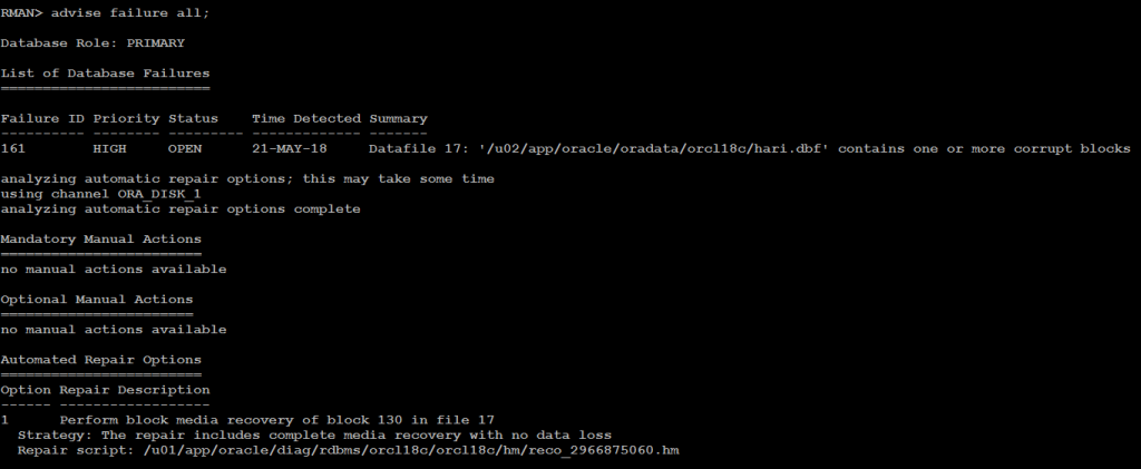 Data Recovery Advisor in Oracle Database 18c | Oracledbwr