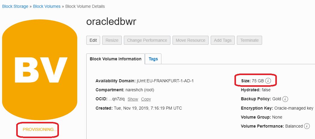 Oracle Gen2 Cloud-Resizing a Block Volume Using the Console | Oracledbwr