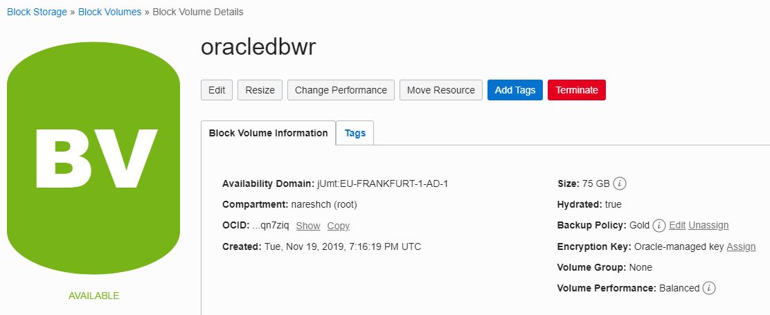 Oracle Gen2 Cloud Resizing A Block Volume Using The Console Oracledbwr
