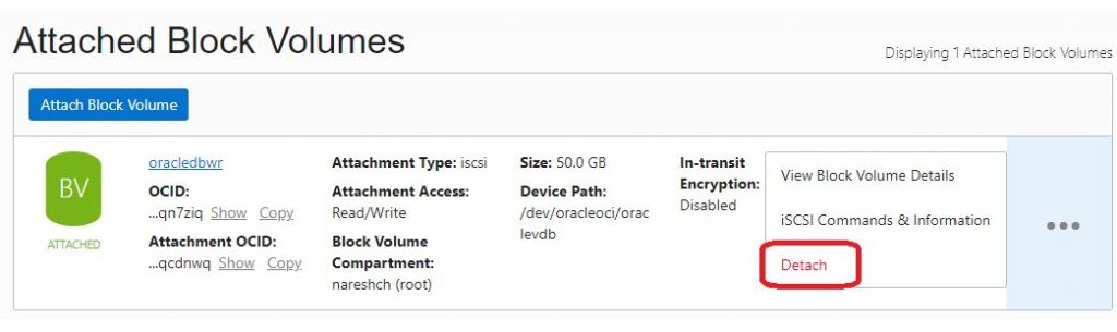 Oracle Gen2 Cloud-Resizing a Block Volume Using the Console | Oracledbwr