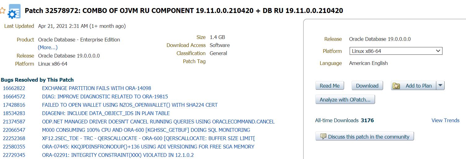 Apply Patching on Database and OJVM Patch 32578972: COMBO OF OJVM RU COMPONENT 19.11.0.0.210420 ...